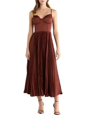 Astr The Label Eyssa Bustier Pleated Satin Midi Dress - Rust Brown