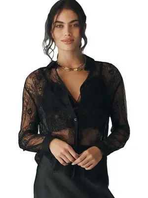 EN SAISON Darcy Long-sleeve Sheer Lace Buttondown Top - Black