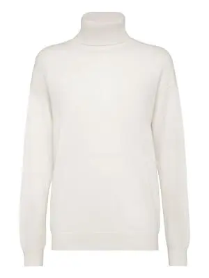 Brunello Cucinelli Cashmere Turtleneck Relaxed Fit Sweater - White
