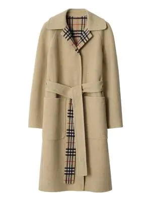 Burberry Wool Reversible Hooded Wrap Coat - Beige
