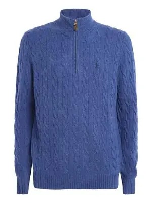 Polo Ralph Lauren Wool-Cashmere Quarter-Zip Cable Knit Sweater Navy