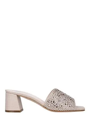 GINA Leather Heeled Mules With Embellishments - Beige