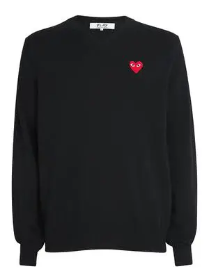 Play Comme Des Garcon Wool V-neck Sweater With Heart Applique - Black