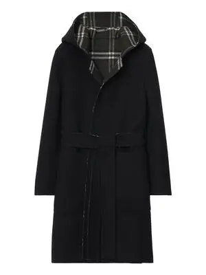 Burberry Wool Reversible Hooded Wrap Coat - Black