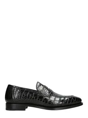 Santoni Crocodile Skin Duke Penny Loafers - Black