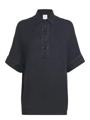 Eleventy Linen Embroidered Collared Shirt - Black