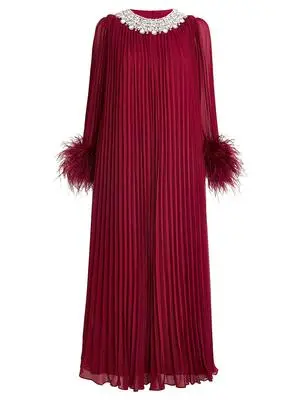 SELF-PORTRAIT Ostrich Feather-trim Maxi Dress - Burgundy