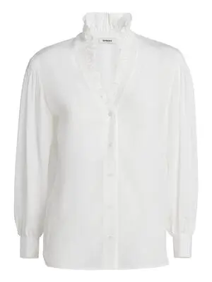 Sandro Silk Ruffle Collar Shirt - Beige