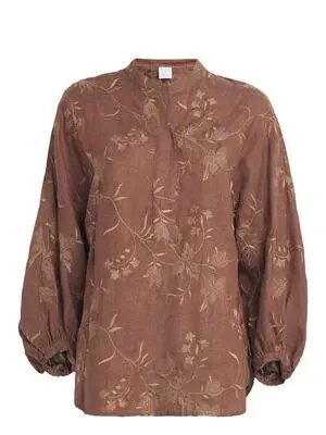 Eleventy Linen Floral-embroidered Blouse - Beige