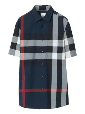 Burberry Cotton Enlarged-check Short-sleeve Shirt - Navy