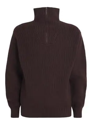 Officine Générale Merino Wool Quarter-zip Ribbed Sweater - Brown