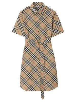 Burberry Cotton Check Mini Shirt Dress - Beige