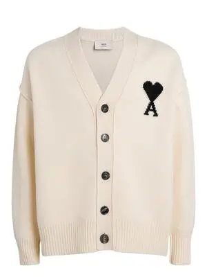 Ami Virgin Wool De Coeur Cardigan - Beige