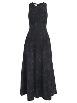 Eleventy Linen Floral Embroidered Midi Dress - Black