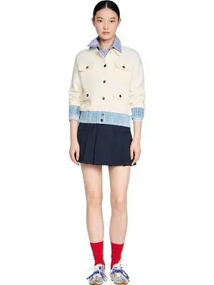 Sandro Oversized Bouclé Cardigan With Denim Details - Ecru