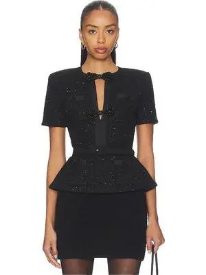 SELF-PORTRAIT Sequin Embellished Peplum Knit Top - Black