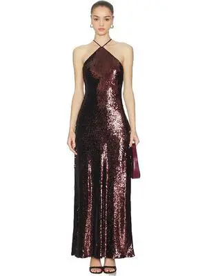 Line & Dot Sequin Embellished Halter Maxi Dress - Brown