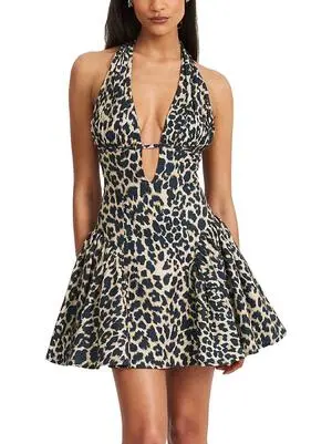 MISS CIRCLE Mackenzie Cheetah Print Halter Linen Mini Dress - Brown