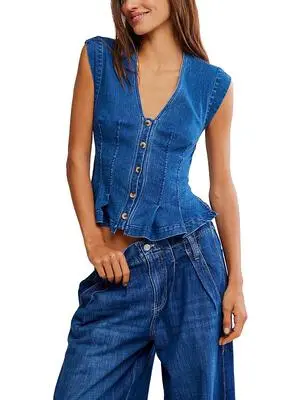 Free People Dylan Denim Vest - Medium Blue