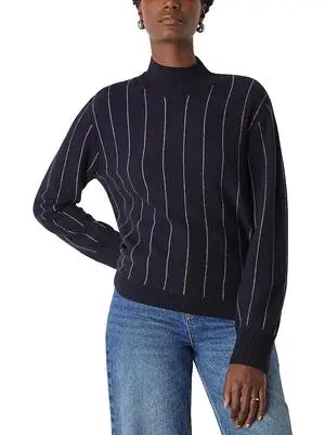 Whistles Stripe Wool Funnel Neck Knit Sweater - Navy