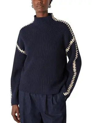Whistles Blanket Stitch Wool Mix Knit Sweater - Navy