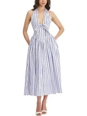 MISS CIRCLE Striped Halter Maxi Dress