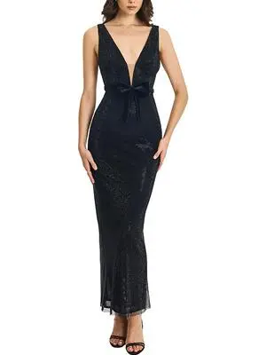 MISS CIRCLE Olympia Rhinestone Maxi Dress With Bow - Black