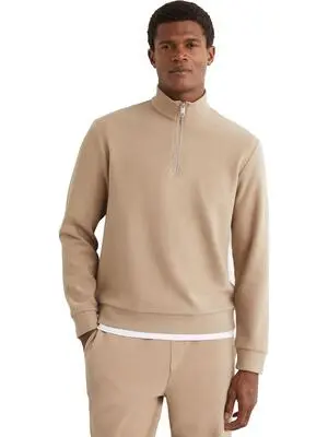 REISS Cotton-Blend Ribbed Half-Zip Jumper Camel Brown