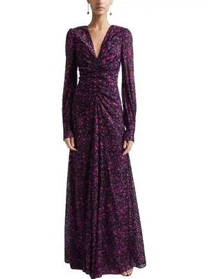 St. John Long Sleeve Leopard Jacquard Gown - Black Hot Pink Multi
