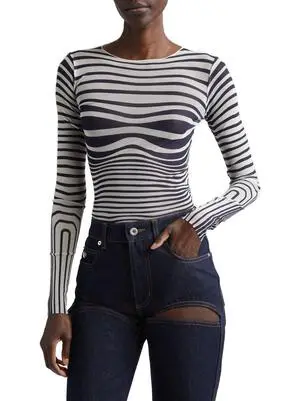 JEAN PAUL GAULTIER Re-edition Body Morphing Trompe L'oeil Long Sleeve Mesh Top - Ecru/navy