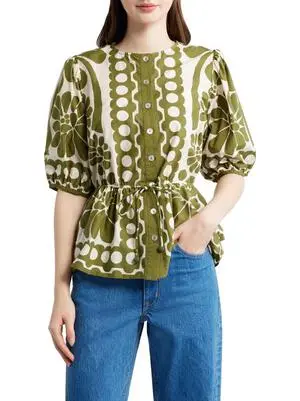 Farm Rio Palermo Floral Cotton Button-up Shirt - Palermo Green