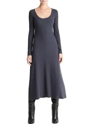 Vince Ribbed Scoop-neck Long-sleeve Midi Dress - Night Marine