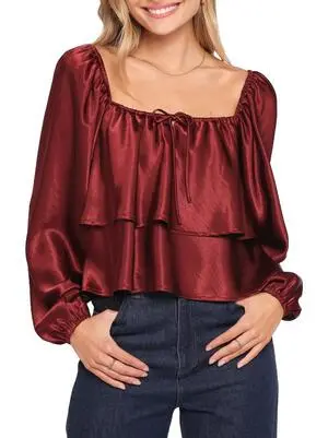 PETAL & PUP Janina Tiered Satin Top - Wine