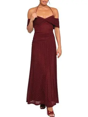 PETAL & PUP Mayven Dot Halter Neck Gown - Burgundy