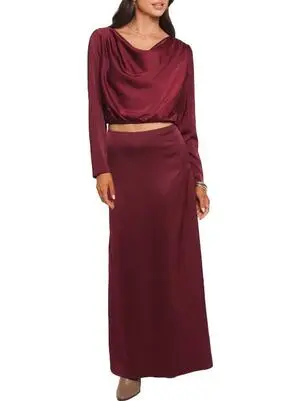 PETAL & PUP Catherine Satin Crop Top & Maxi Skirt Set - Burgundy