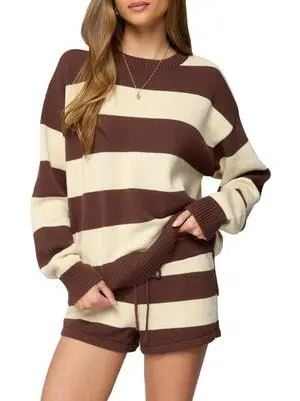 EDIKTED Riley Stripe Oversized Cotton Sweater - Brown-and-beige