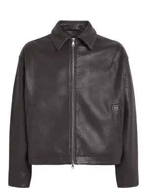 COLE BUXTON Shrunken Leather Bomber Jacket - Brown