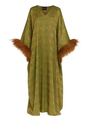 DIMA AYAD Feather-trimmed Metallic Print Maxi Kaftan - Green