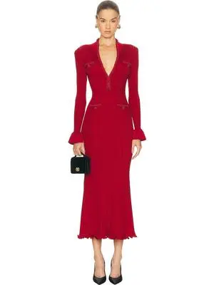 SELF-PORTRAIT Pearl Trim Midi Dress - Red