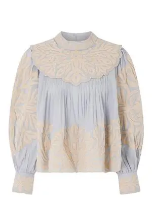 Sea Alexandra Pleated Embroidered Cotton-voile Blouse - Blue