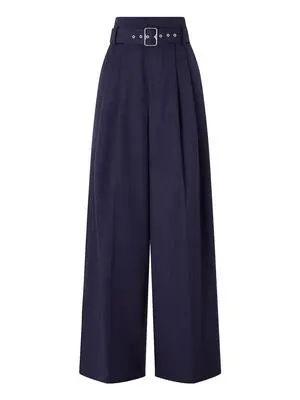 Ralph Lauren Belted Pleated Wool-twill Wide-leg Pants - Blue