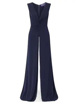Ralph Lauren Knotted Pleated Chiffon And Stretch-jersey Gown - Blue