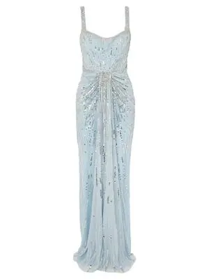 Jenny Packham Chrissy Gathered Draped Embellished Tulle Gown - Blue