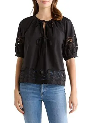 Rails Catalene Embroidered Eyelet Cotton Peasant Top - Black Embroidery