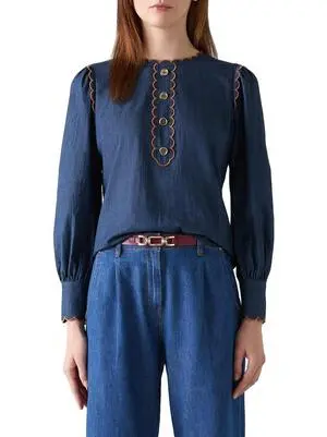 LK BENNETT Jenny Scallop Denim Top - Indigo