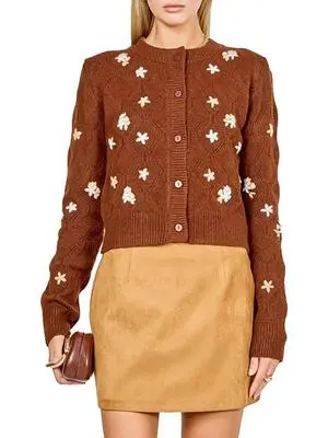 Endless Rose Floral Embroidered Pointelle Cardigan - Brown