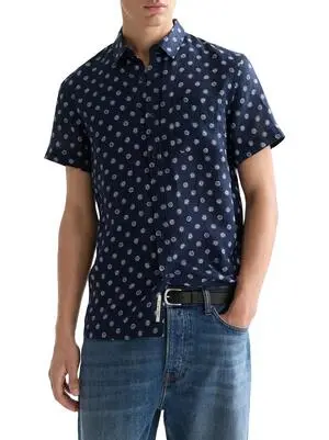 Scotch & Soda Star Flower Print Short Sleeve Linen Button-up Shirt - Foulard Dress Blues