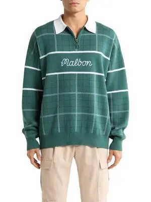 MALBON Bennett Plaid Cotton Zip Polo Sweater - Hunter Green
