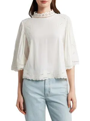 Farm Rio Palm Tree Embroidered Eyelet Top - Off-white