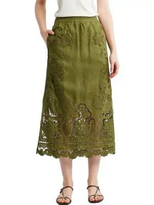 Farm Rio Majestic Garden Embroidered Eyelet Linen Midi Skirt - Green